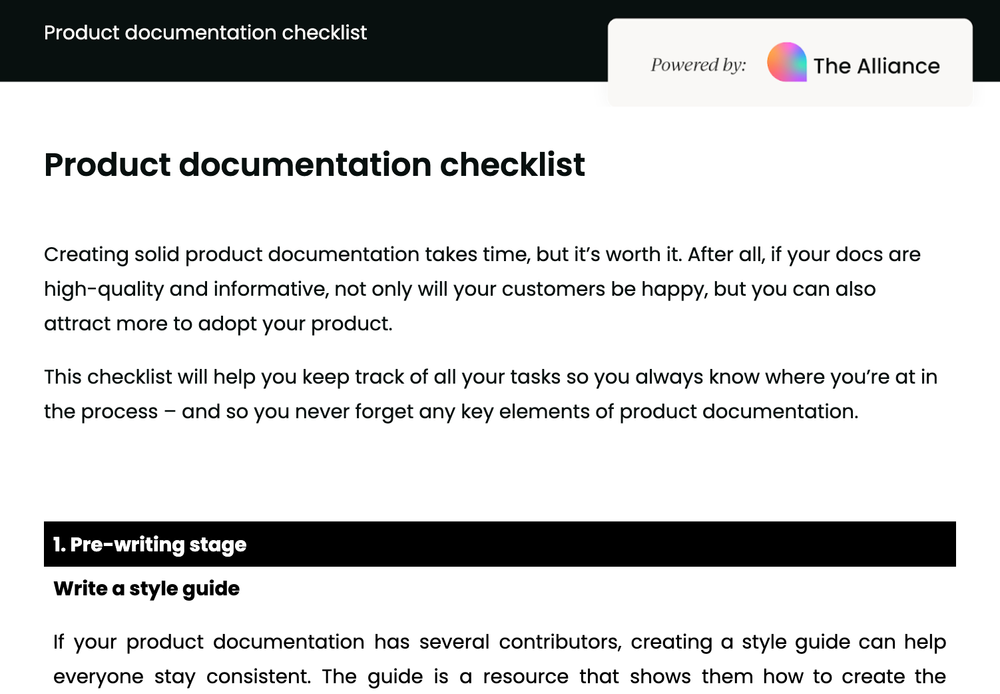 Product documentation checklist template